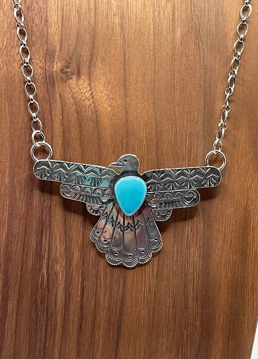 3 1/2" x 2" Thunderbird Necklace with Kingman Turquoise Stone– Adobe Western Art Gallery